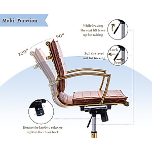 EALSON Modern Leather Office Chair Comfortable Home Office Desk Chair with Wheels and Arms Gold Base Conference Chair Ergonomic Computer Task Chair Adjustable Swivel Chair, Brown