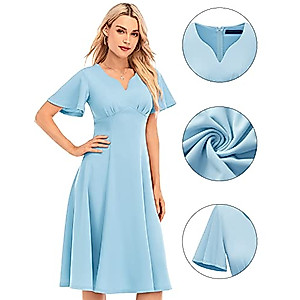 Church Dress Fit and Flare Modest Tea Party Dresses for Women, Tea Length Prom Graduation Homecoming Dress for Junior Teen, Semi Formal Wedding Guest Dress, Aline Cocktail Party Dress Blue L