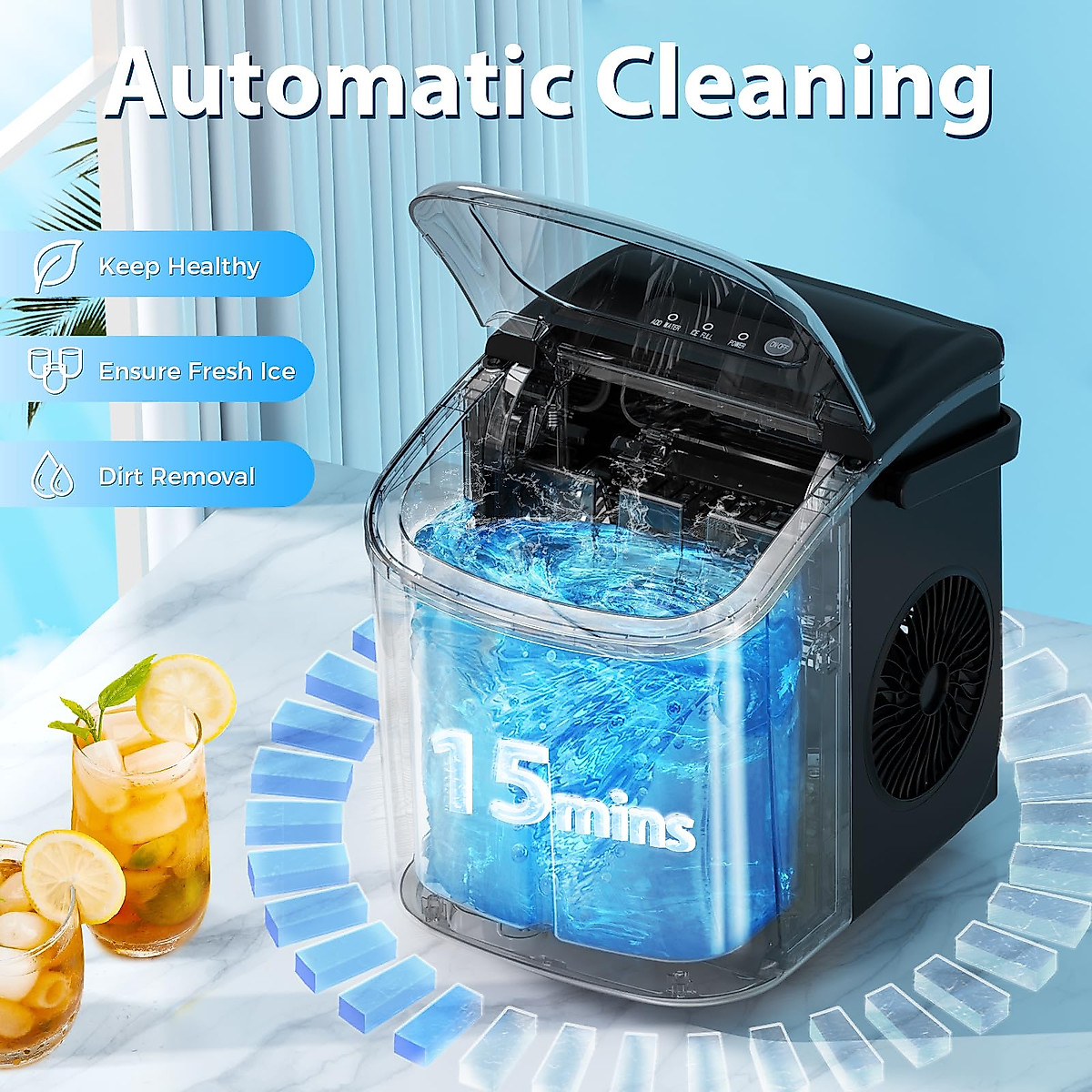 Antarctic Star Countertop Ice Maker，Portable Ice Makers with Self-Cleaning, Bullet Ice Machine, 26Lbs/24H, 9 Ice Cubes Ready in 6 Mins for Kitchen Bar Party RV, Black