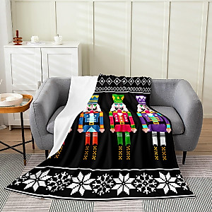 Erosebridal Nutcracker Blanket Twin 60x80 Inch, Retro Xmas Throw Blanket for Kids Young, Colorful Scandinavian Christmas Snowflakes Fleece Blanket, Black White Winter Bed Blanket