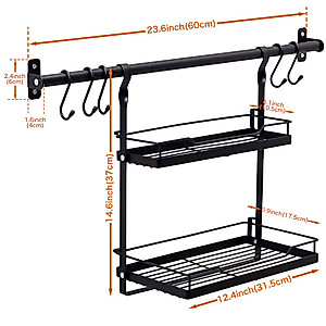 EZOWare Kitchen Wall Mount Utensil Holder Organizer Set, 23.6" Hanging Rail Rod, 2 Tier Foldable Spice Rack and 5 S Hooks for Hanging Spices, Condiments Pots, Pans, Lids, Utensils - Black