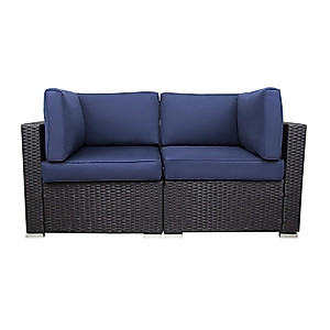 Excited Work Blue 2 Pieces Patio Furniture Sets,Loveseats Patio Sectional Corner Sofa All Weather Wicker Rattan Outdoor Thick Couch Set — Waterproof, Durable,Soft,Ergonomics