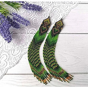 Long Beaded Tassel Earrings Unique Bohemian Bead Fringe Dangle Earrings Handmade Drop Tribal Earrings By BLUESTAR FASHION (Green)