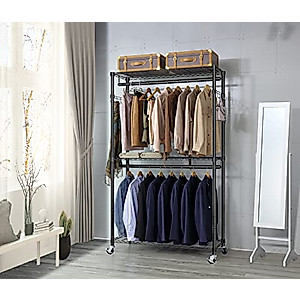 Finnhomy 47.2" L Metal Clothes Rack for Hanging Clothes 25mm Dia Tube Heavy Duty Garment Rack with 3-Tier Shelves/ Double Hanging Rods/ Lockable Wheels, Portable Closet Storage Rack Freestanding Wardrobe Closet Organizer