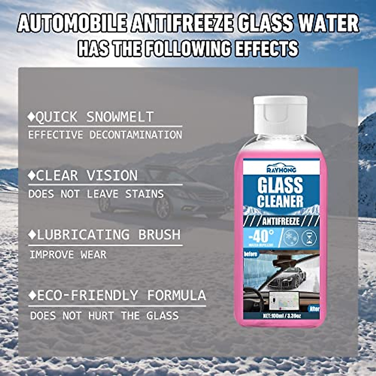RAYHONG 2Pcs Windshield Washer Fluid Concentrate, Multi-Surface Glass Cleaning, Car Antifreeze Glass Water - 100ML