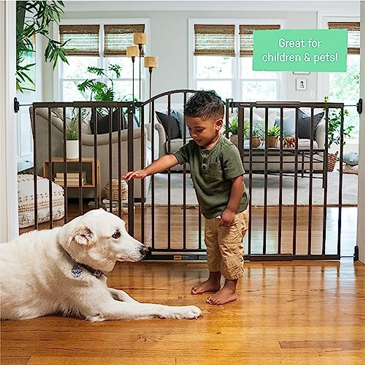 Summer Metal Expansion Extra Wide Safety Pet and Baby Gate, 44"-71" Wide, 36” Tall, Hardware Mounted for Dog and Child Safety, Fits Large Opening or Doorway, Auto Close Walk Thru Door - Bronze