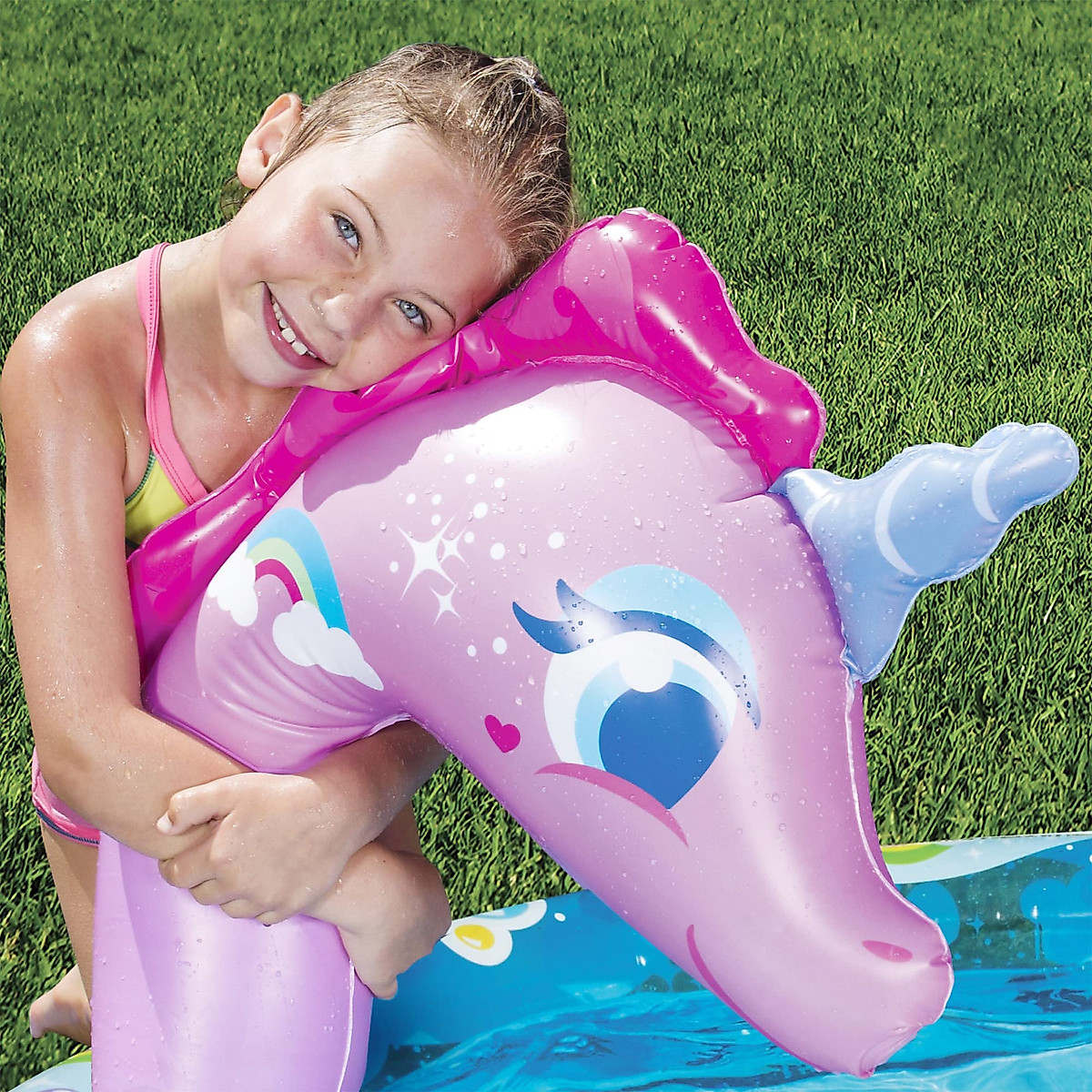 BANZAI Spray 'N Splash Unicorn Pool, Length: 78 in, Width: 60 in, Height: 32 in, Inflatable Outdoor Backyard Water Slide Splash Toy