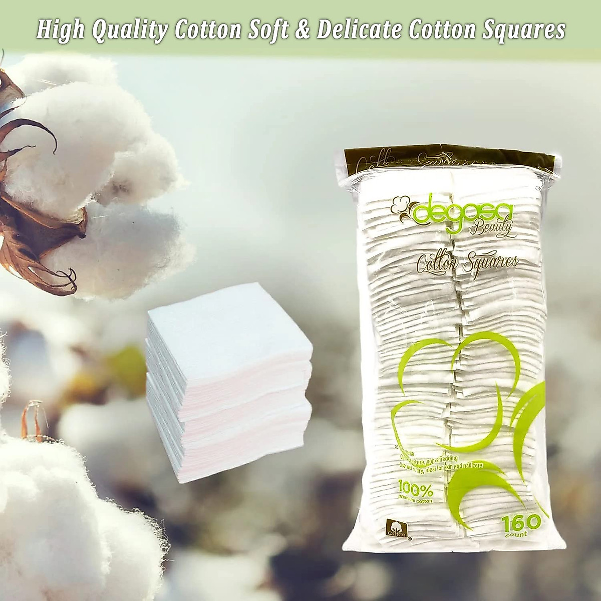 Degasa Premium 100% Pure Cotton Exfoliating Squares for Women - Hypoallergenic, Lint-Free Pads - Ideal for use as Makeup Remover Wipes or Nail Polish Remover Wipes, 160 Count