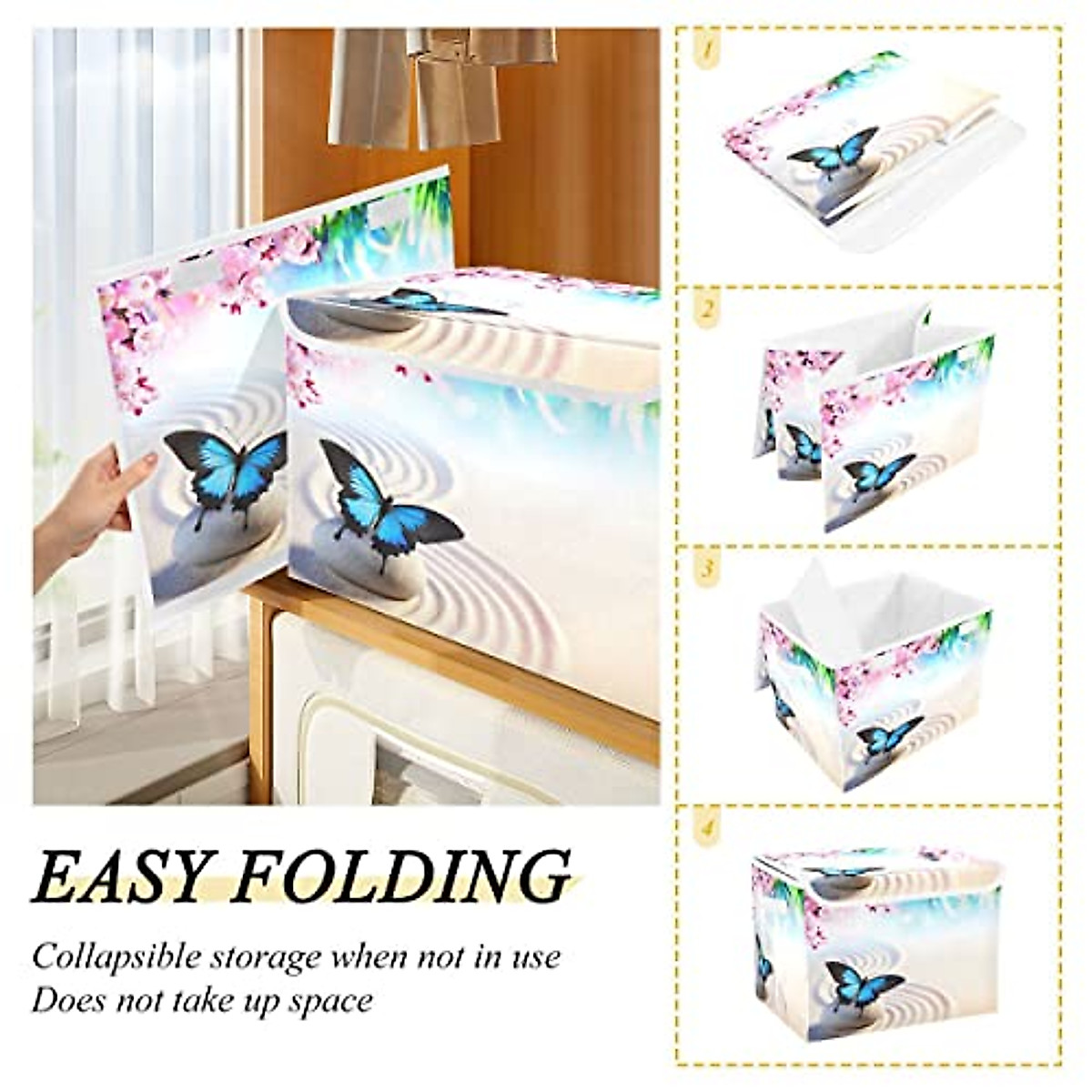 Storage Bins with Lids Foldable Storage Baskets Storage Cubes Collapsible Closet Organizer Containers with Cover Japanese Butterfly Zen and Sakura Blossoms for Home Office Organizer Closet, Shelves, T