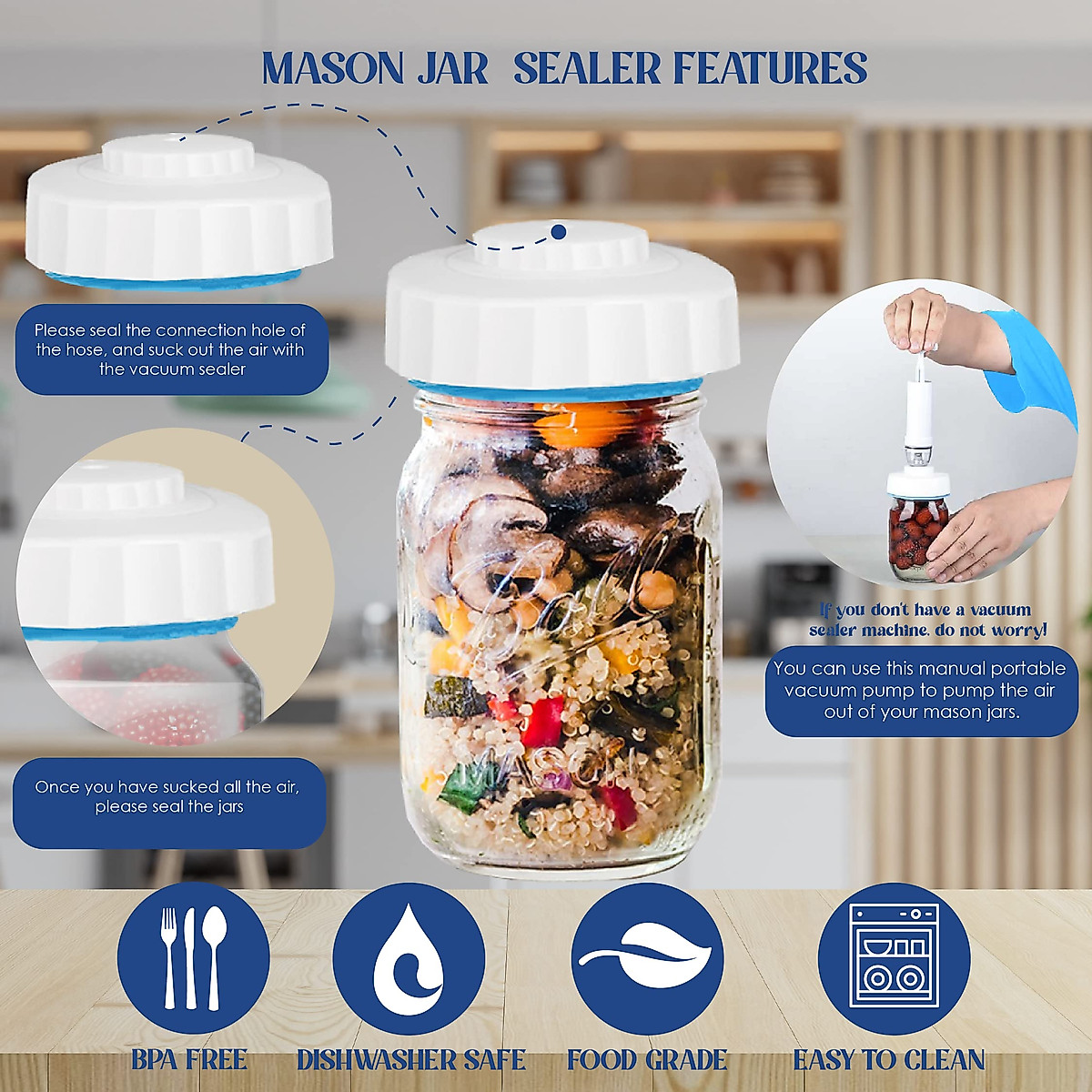 KLAZZ Mason Jar Vacuum Sealer With Accessory Hose for Wide & Regular Mouth Mason Jars, Compatible Kit with FoodSaver Vaccum & Other Vaccume Sealer Machines,Manual Portable Vacume Pump