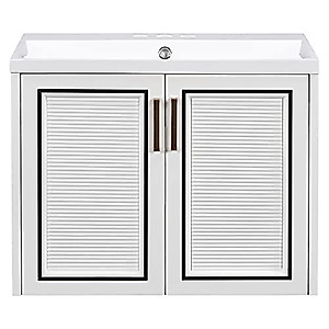 Lifeand 24" Wall Mounted Bathroom Vanity with Ceramic Basin, Two Shutter Doors, Solid Wood & MDF Board, White