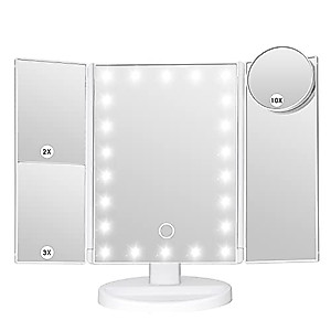 LeeWent Makeup Mirror Vanity Mirror with Lights, Bathroom Adjustable Brightness Mirrors 1X/2X/3X/10X Magnification and Touch Screen Trifold Makeup Mirror Two Power Supply Modes Women Gift White