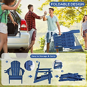 LOENIY Adirondack Chair with Cushion & Cup Holder, HDPE Folding Adirondack Chair with Wood-Like Grain Outdoor Fire Pit Chairs for Patio/Porch/Swimming Pool/Camping (Blue)