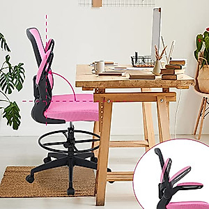 Drafting Chair Tall Office Chair Mid-Back Mesh Ergonomic Computer Chair High Adjustable Standing Desk Chair with Lumbar Support Adjustable Foot Ring and Flip-Up Arms (Pink)