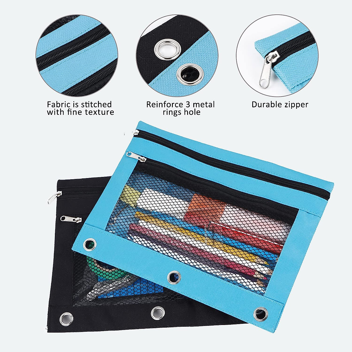 Pencil Pouches, Zipper Binder Pencil Pouch Pen Case With 3 Holes, 3 Ring Zippered Pocket Pencil Pouch for School Office