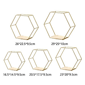 MYCENSE 5Pcs Hexagon Iron Wall Shelves Floating Shelf, Bathroom Wall Decoration Organizer, Storage Rack for Books Artworks Display, Golden