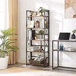 VECELO 5 Tier Folding Bookshelf, 2-Step Assembly Foldable Bookcase, Collapsible Book Shelves with Metal Lace X Frame and Anti-Toppling Design,Antique Brown,1 Set