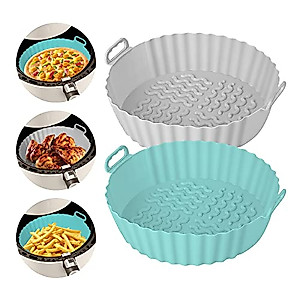 Hiyaloo 2Pcs Air Fryer Silicone Liners 7.5 Inch Air Fryer Accessories Round BPA Free Non Stick Silicone Air Fryer Liners Reusable Parchment Paper Replacement Fits 3QT - 5QT Air Fryer (Blue+Grey, 2)