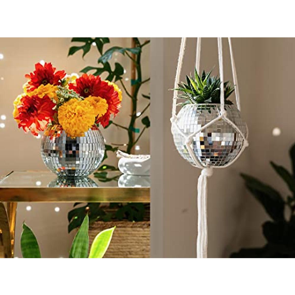 Havenstone Home Hanging Disco Ball Planter 6" with Flat Base - Includes Self-Watering Insert + White Cotton Macrame Plant Hanger- Indoor/Outdoor Plants, Home Décor & Room Décor with Cotton Rope