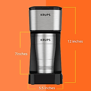 Krups Simply Brew Stainless Steel Single Serve Drip Coffee Maker and Travel Tumbler 14 Ounce Stainless Steel Tumbler Included 650 Watts Coffee Filter, Compact Silver and Black