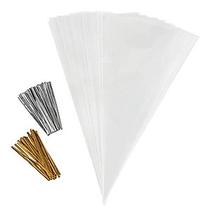 SBYURE 200 Pcs Clear Cone Shaped Treat Bags Cellophane Triangle Candy Bags with 200 Twist Ties for Favor Candy Popcorn Handmade Cookies Sweets Crafts,15'' x7''