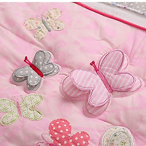 Brandream Pink Butterfly Floral Crib Bedding Set for Girls | 4 Piece Nursery Set | Comforter, Fitted Sheet, Skirt, Diaper Stacker Included