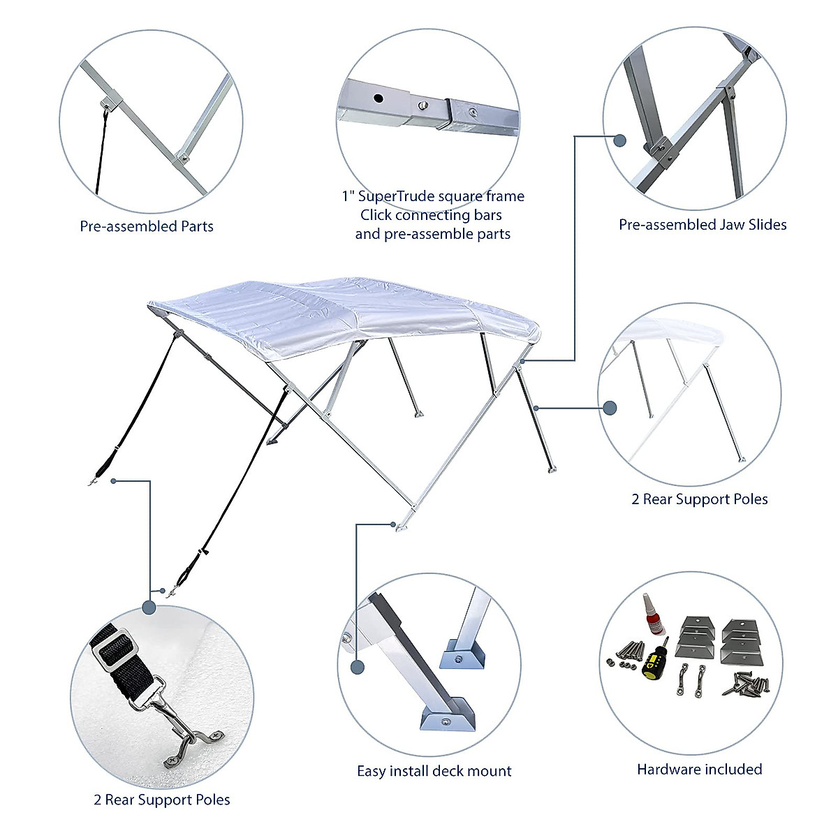 Savvycraft 4 Bow Bimini Top, 10 Feet Long Square Tube Bimini Top Set, Includes Marine Grade Canvas Cover, Storage Boot, Rear Poles with 1 Inch Aluminum Frame, Black Color, 4 Bow 120"L 54"H 79"- 84"W