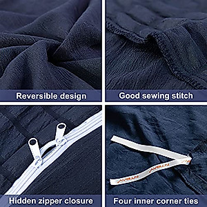 NTBAY 3 Pieces Queen Duvet Cover Set, Seersucker Textured Stripe Washed Microfiber Comforter Cover with Zipper Closure, 90x90 Inches, Navy Blue
