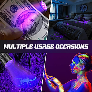 kizplays UV Flashlights, 2 Pack Black Light Flashlights with 12 LED and 395 nm Black Light for Pet Urine and House Stains Detecting, 6 AAA Batteries Included