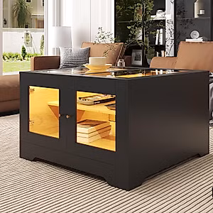 Fameill Square LED Coffee Table with Storage Space, Modern Black Wooden Coffee Table with Glass, Living Room Central Table, Cocktail Table for Living Room, Conference Room and Bedroom