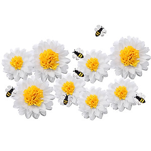 Feifeiya 14 Pcs Sunflower Daisy Bee Cutout Decorations Sunflower Daisy Tissue Paper Pom Poms Party Decorations Bee Cutouts for Birthday Bridal Wedding Classroom Craft Bulletin Board(Yellow, White)