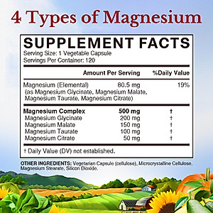 Vitalitown Magnesium Complex Supplement 500mg - Maximized Absorption Chelated Magnesium Glycinate, Malate, Taurate & Citrate - Vegan Non-GMO Magnesium 120 Capsules for Sleep, Muscle, Energy & Heart