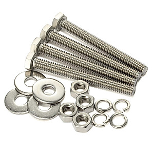 1/4-20 x 4 Hex Head Bolts with Hex Nuts and Thick Flat & Lock Washers, Fully Threaded, Stainless Steel 18-8, Plain Finish, 8 Sets