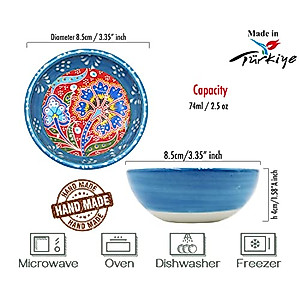 HeraCraft 6pcs Hand Painted Turkish Ceramic Snack Bowls 3.35''/8.5cm-74ml/2.5 oz Decorative Ottoman Tulips Design Multi-Purpose Cute Set - Pinch Sauce Dipping Finger Small Serving Bowls