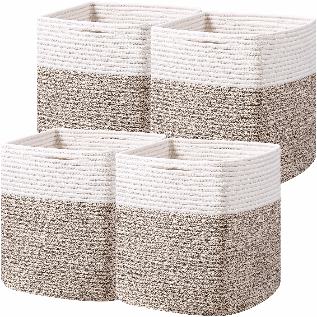 joybest Cube Storage Bins Set of 4, 11inch Cube Baskets Organizer for Nursery, Square Cotton Rope Baskets for Shelves Organizing, Kids Toy, Closet Storage, Brown and Cream White