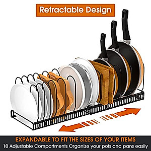 GZHXHMY Expandable Pot and Pan Organizer for Cabinet,Pot Rack with 10 Adjustable Compartment Kitchen Storage (Black)