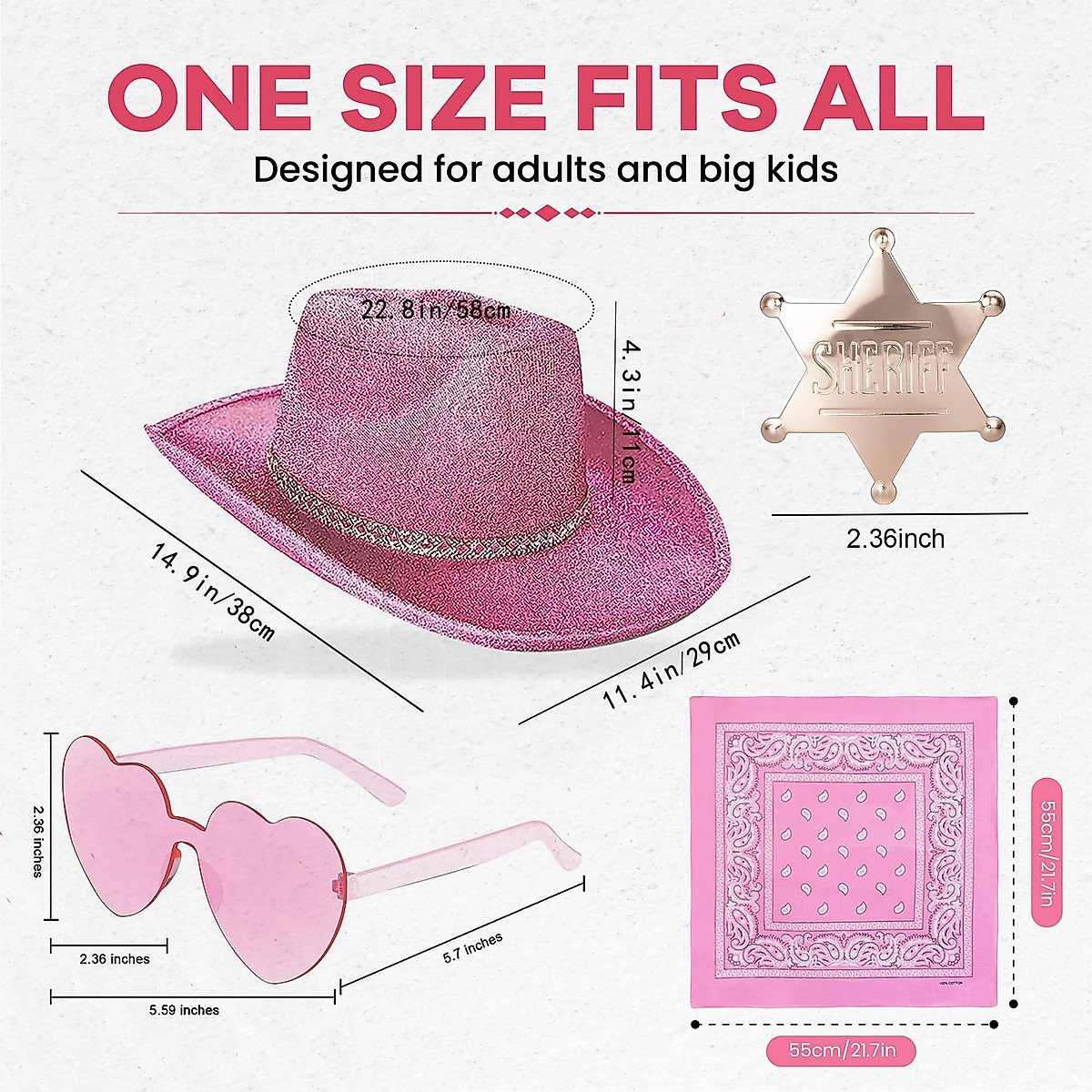 Bazion 4Pcs Pink Cowgirl Hat Heart Sunglasses Bandana Sheriff Badge Glitter Sparkly Cowboy Hat Bachelor Party Halloween Costume (Pink4pcs)