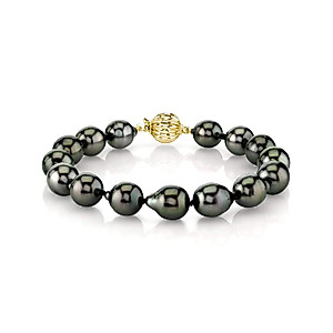 The Pearl Source 14K Gold 8-9mm Drop-Shape Genuine Black Tahitian South Sea Cultured Pearl Bracelet for Women