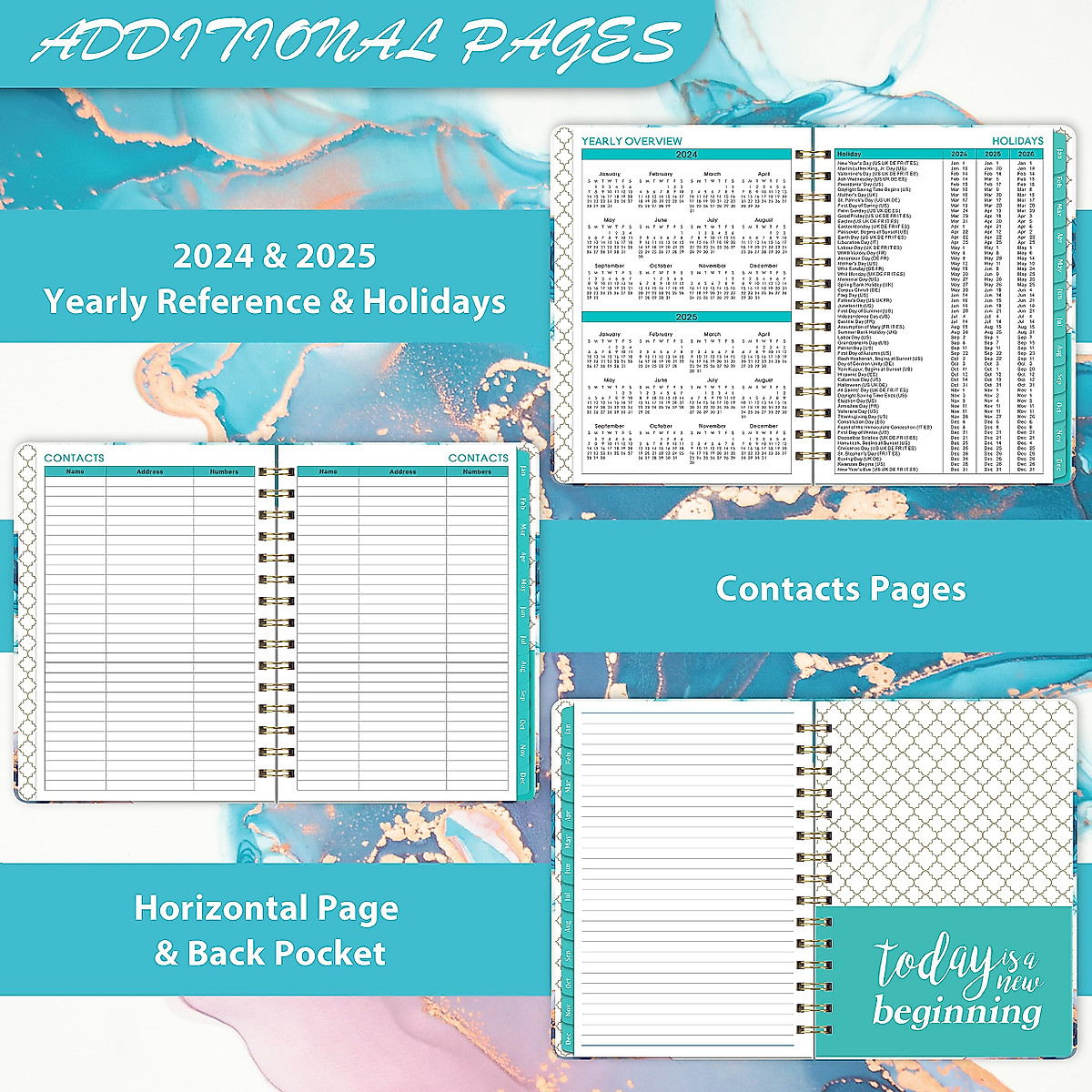 2024 Planner - 2024 Weekly & Monthly Planner with Tabs, 6.3" x 8.4", January 2024 - December 2024, Hardcover Planner 2024 with Back Pocket + Thick Paper + Twin-Wire Binding - Contrast Watercolor