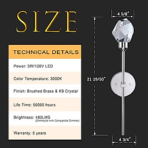 Untrammelife Indoor Wall Sconce Lighting Polished Nickel Wall Lamp 8W LED Crystal Wall Light 3 Color Temperatures Hardwired Indoor Wall Mounted Light Fixtures for Living Room,Bedroom,Bathroom