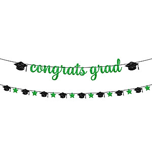 46 Pieces, XtraLarge Graduation Hanging Decorations - No DIY, Green Graduation Swirls | Glitter Congrats Grad Banner - 10 Feet | Green and Gold Graduation Decorations 2022 | Congratulations Banner