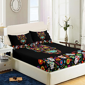 AILONEN Sugar Skull Fitted Sheet Twin Size, Skeleton Floral Print Bed Sheet Set,Gothic Bedding Set for Kids Boys Girls,Skeleton Bones BedSheets Set,1 Fitted Sheet 2 Pillowcases,3 PCS