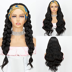 Body Wave Headband Wig Synthetic Natural Color Long Wavy Wig for Black Women Glueless Wig with Headband Attached 180% Density Heat Friendly 22 inch