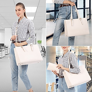 LOVEVOOK Laptop Bag for Women, Fashion Computer Tote Large Capacity Handbag, Leather Shoulder Bag Purse Set, Professional Business Work Briefcase for Office Lady, 2PCs, 15.6-Inch, Beige White