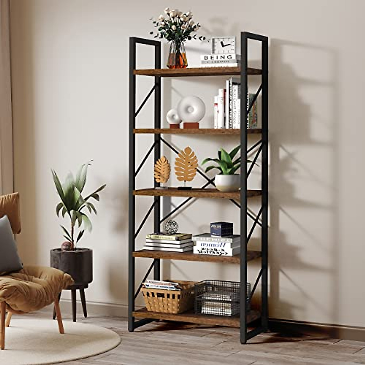 YITAHOME 5 Tiers Bookshelf, Artsy Modern Bookcase, Book Rack, Storage Rack Shelves Books Holder Organizer for Books/Movies in Living Room/Home/Office - Rustic Brown (FTOFBC-0016)