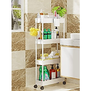 LEHOM 5.1" Slim Storage Cart - 4 Tiers Bathroom Organizer Mobile Shelving Unit Storage Rolling Utility Cart Slide Out Organizer for Kitchen Bathroom Laundry Narrow Places, White