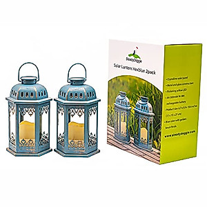 SteadyDoggie Solar Lanterns 2 Pack Blue - Hanging Solar Lights with Flickering Candle LED - Retro Ornate Hanging Solar Lantern with Handle