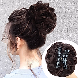 DeeThens Messy Bun Hair Piece Tousled Updo Hairpiece for Women Wavy Curly Scrunchies Clip in Claw Hair Bun Synthetic Chignon Claw Clip With Hair Attached (Darkest Brown)