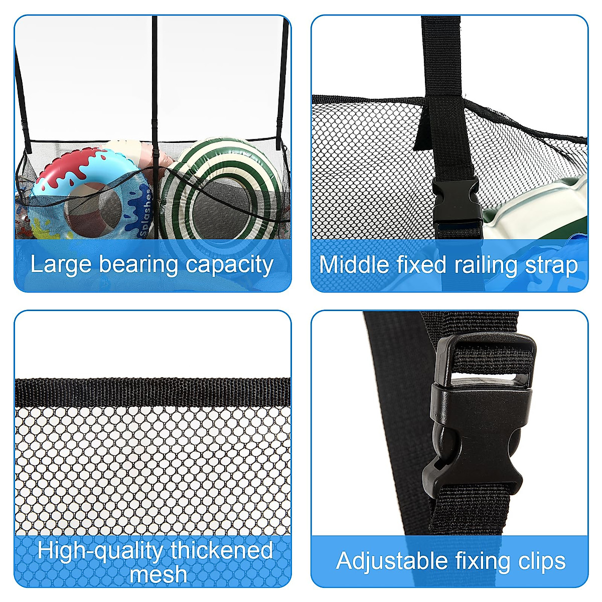 Pool Float Storage Bag,Adjustable Pool Toys Organizer Hanging Mesh Bag with 3 Side Pockets for Rafts,Balls,Floats,Inflatable Toys,Extra Large Pool Toy Storage Net Bag Pouch,Swimming Pool Accessories