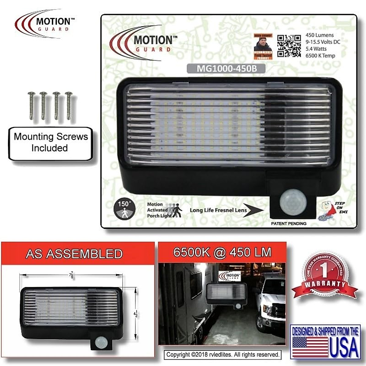 MOTION-GUARD, MG1000-450B, RV Motion Sensor Light, 12 Volt, Exterior Mounted Motion Sensor Bright LED Porch Utility IP65 Flood Light with Battery Monitoring sensor and EMI Suppression, USA Designed